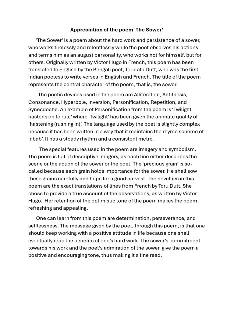 Appreciation of 'The Sower' Poem | PDF