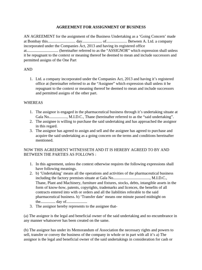 Business Assignment Agreement Template | PDF | Assignment (Law ...