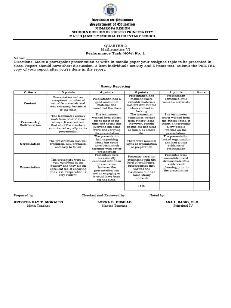 2025-2026 - Performance Task With Rubriks | PDF | Mathematics