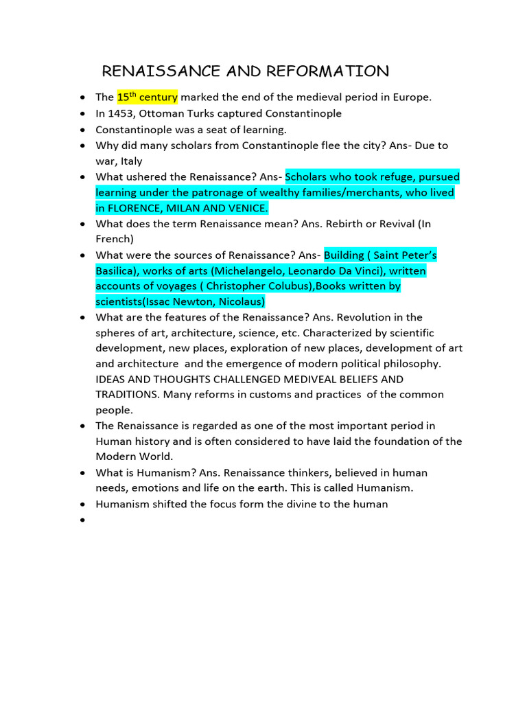 Renaissance and Reformation Notes | PDF