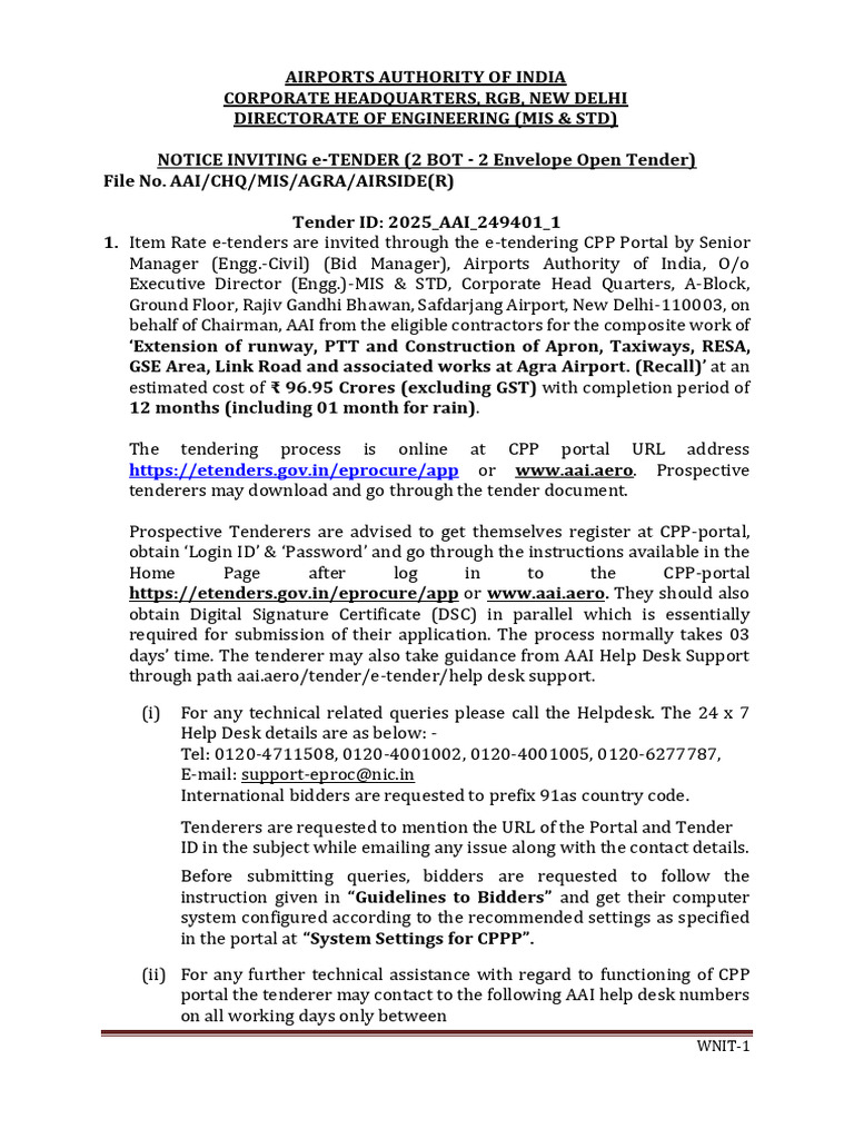 Agra Airport Runway Extension e-Tender | PDF