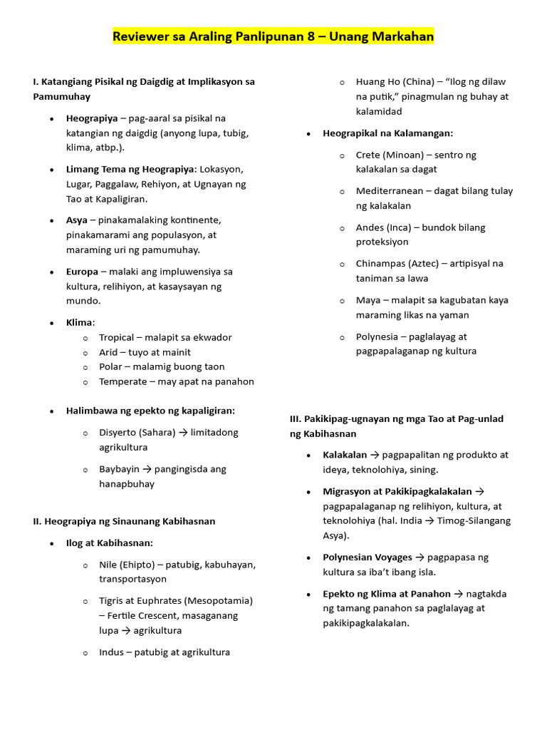 Reviewer Sa Araling Panlipunan 8 Unang Markahan | PDF