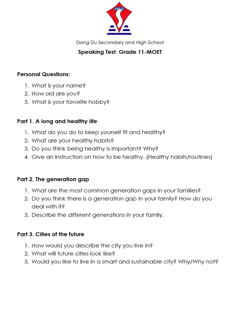 Speaking Test Grade 11 MOET 1stmidterm | PDF