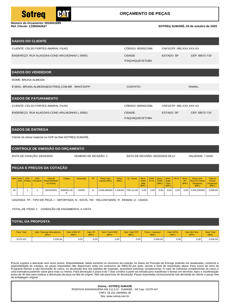 Orçamento de Peças Sotreq Sumaré | PDF