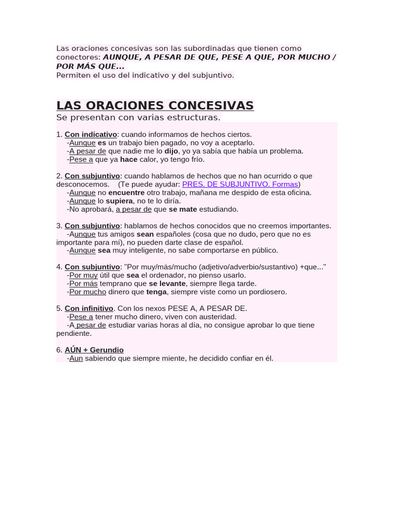 Las Oraciones Concesivas Son Las Subordinadas Que Tienen Como ...