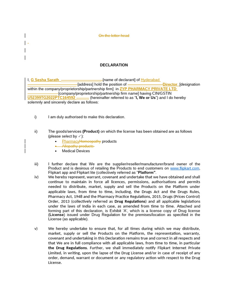 Pharmacy Product Declaration for Flipkart | PDF | Damages | License