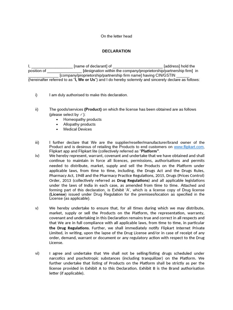 Declaration for Flipkart Product Licensing | PDF | Damages | License