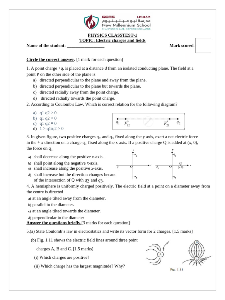 MS - Electric Charges and Fields-Test 1 | PDF
