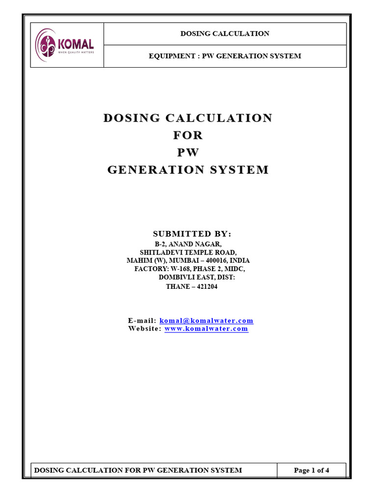PW Generation System Dosing Calculations | PDF | Redox | Chlorine