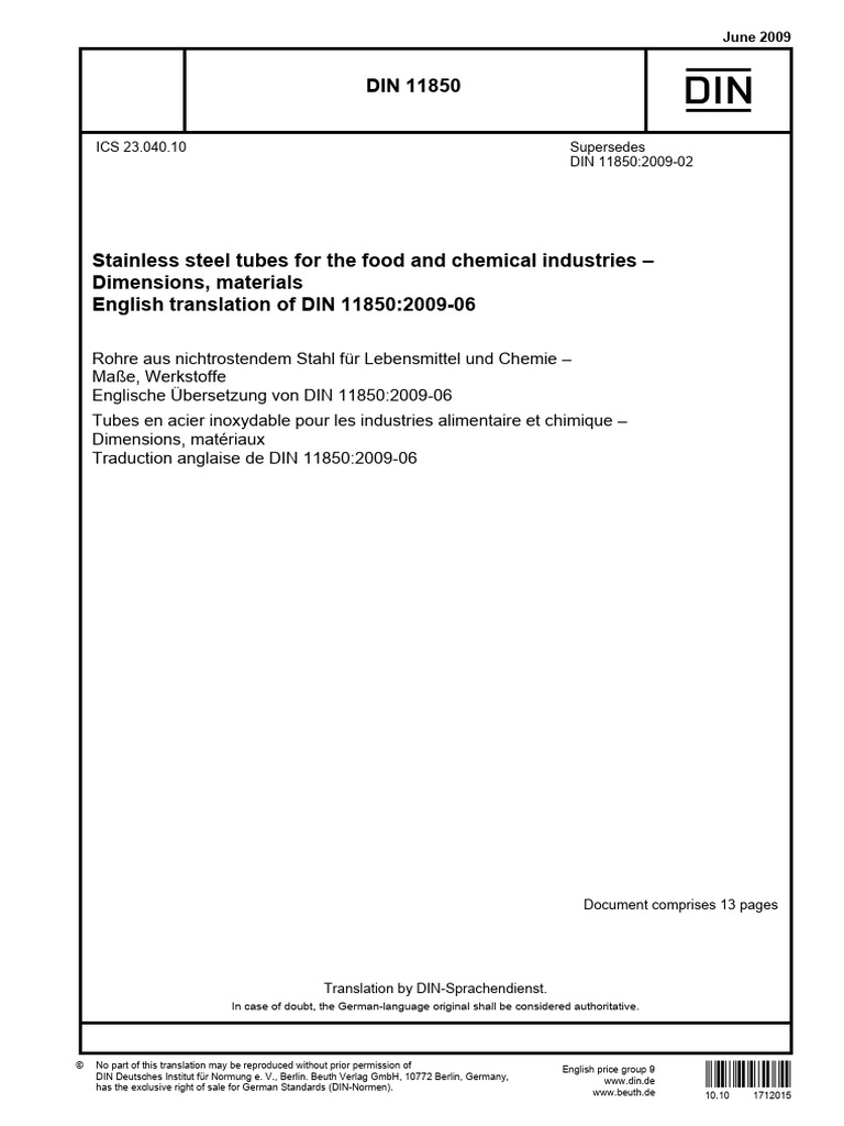 Din 11850-2009 | PDF | Pipe (Fluid Conveyance) | Stainless Steel