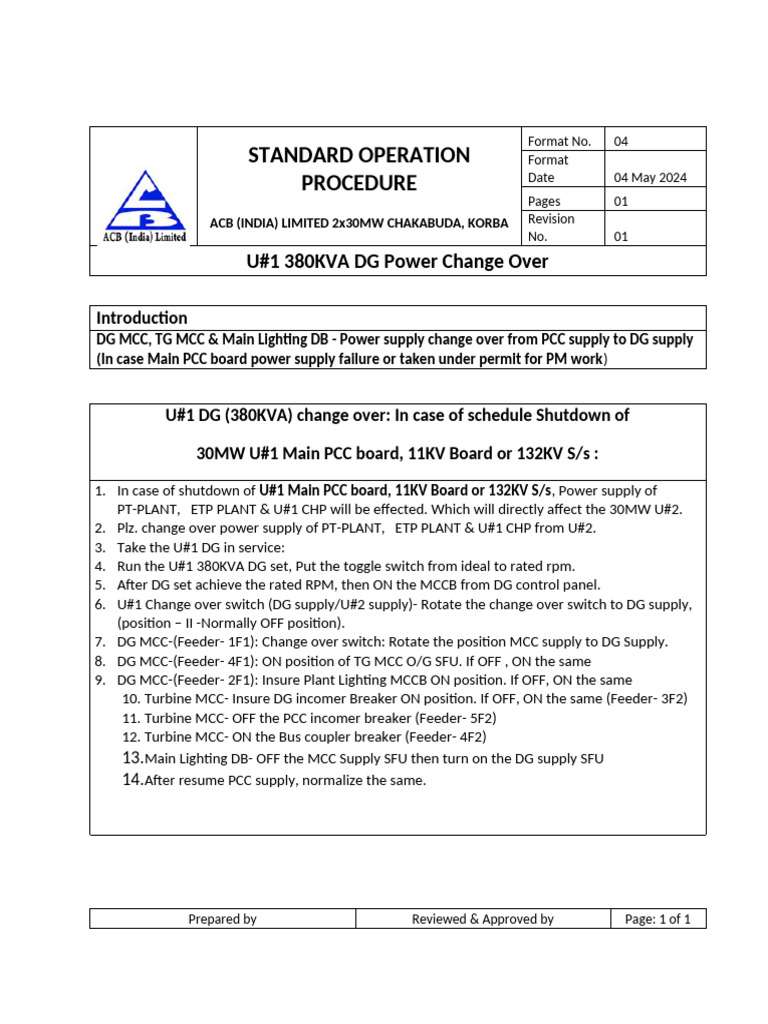 Sop U#1 DG Change Over | PDF