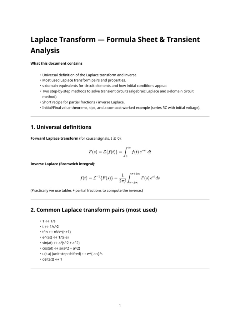 Laplace Transform Formula Sheet | PDF | Laplace Transform | Electrical ...