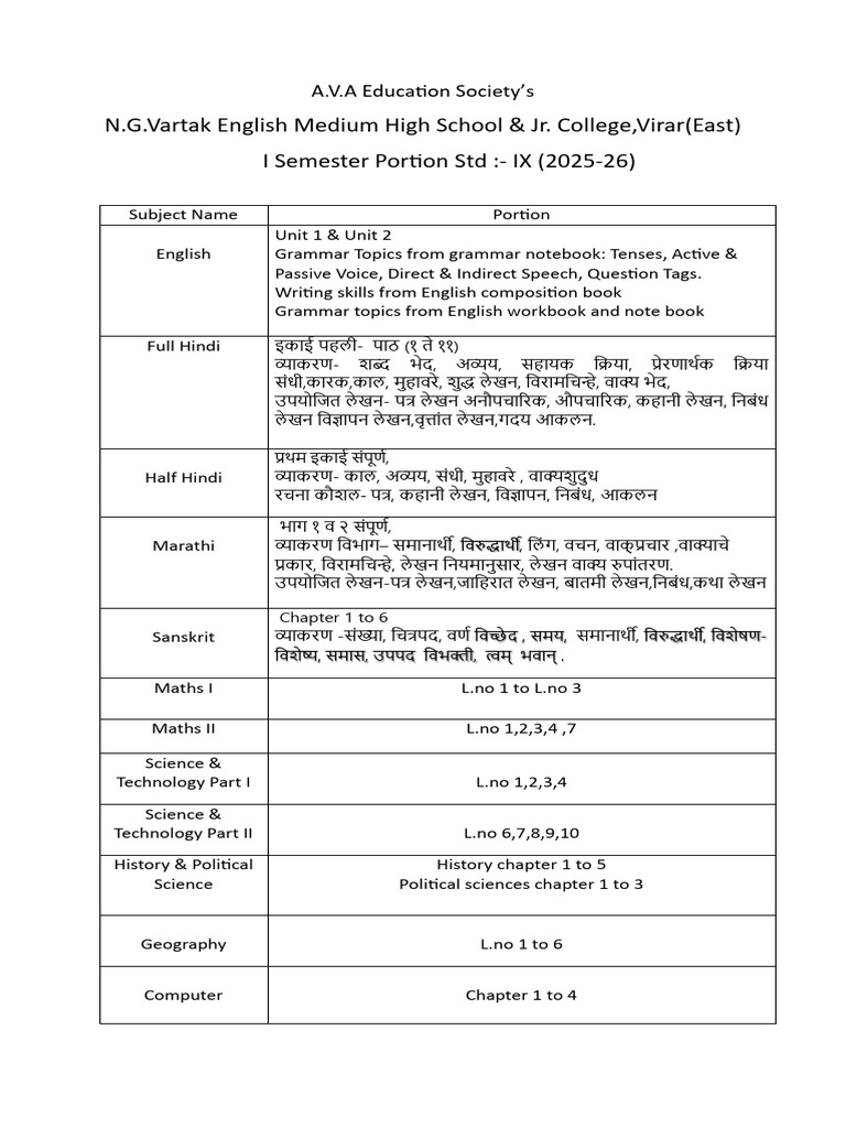 I Semester Portion Paper 2025-26 STD IX | PDF