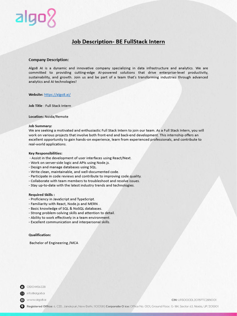 Full Stack Intern Job at Algo8 AI | PDF
