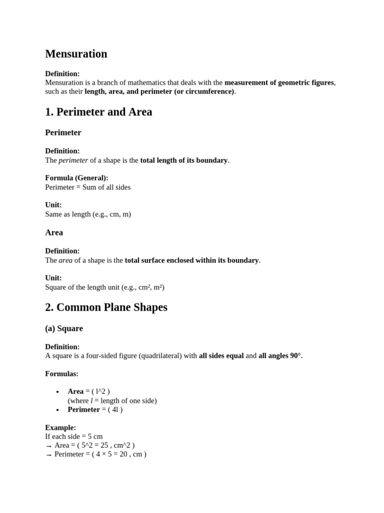 Hamna Tamoor Mensuration O Level Notes | PDF | Area | Triangle