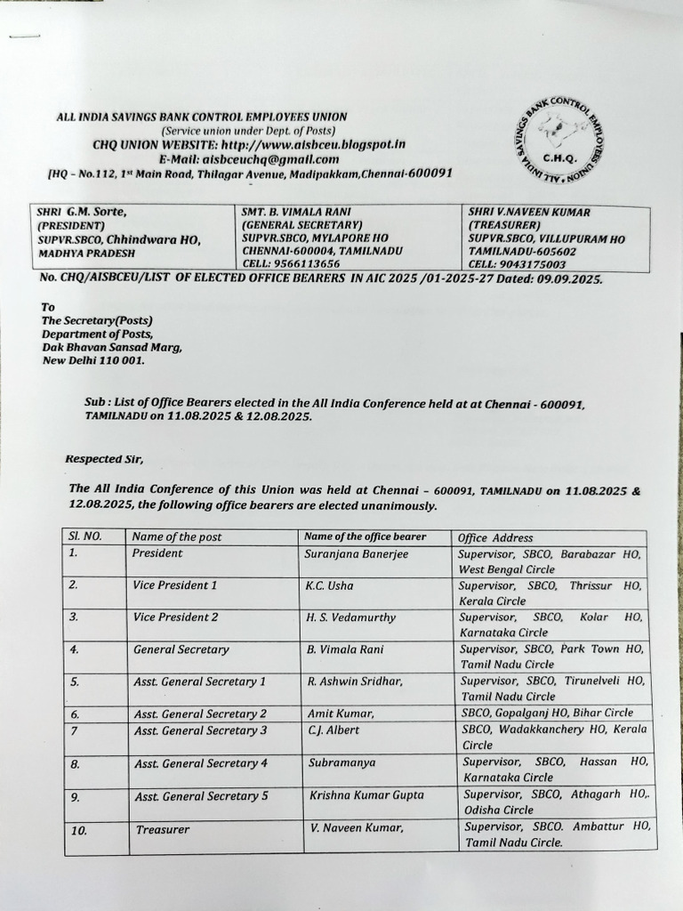 All India Office Bearers List 202508 Sept 2025 | PDF