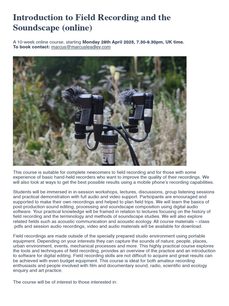Introduction To Field Recording and The Soundscape (Online) - Marcus ...