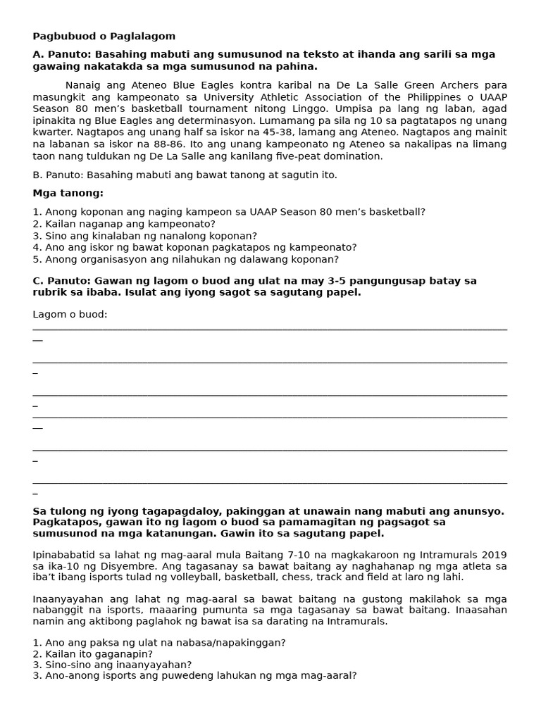 Paglalagom o Pagbubuod Pagsasanay | PDF