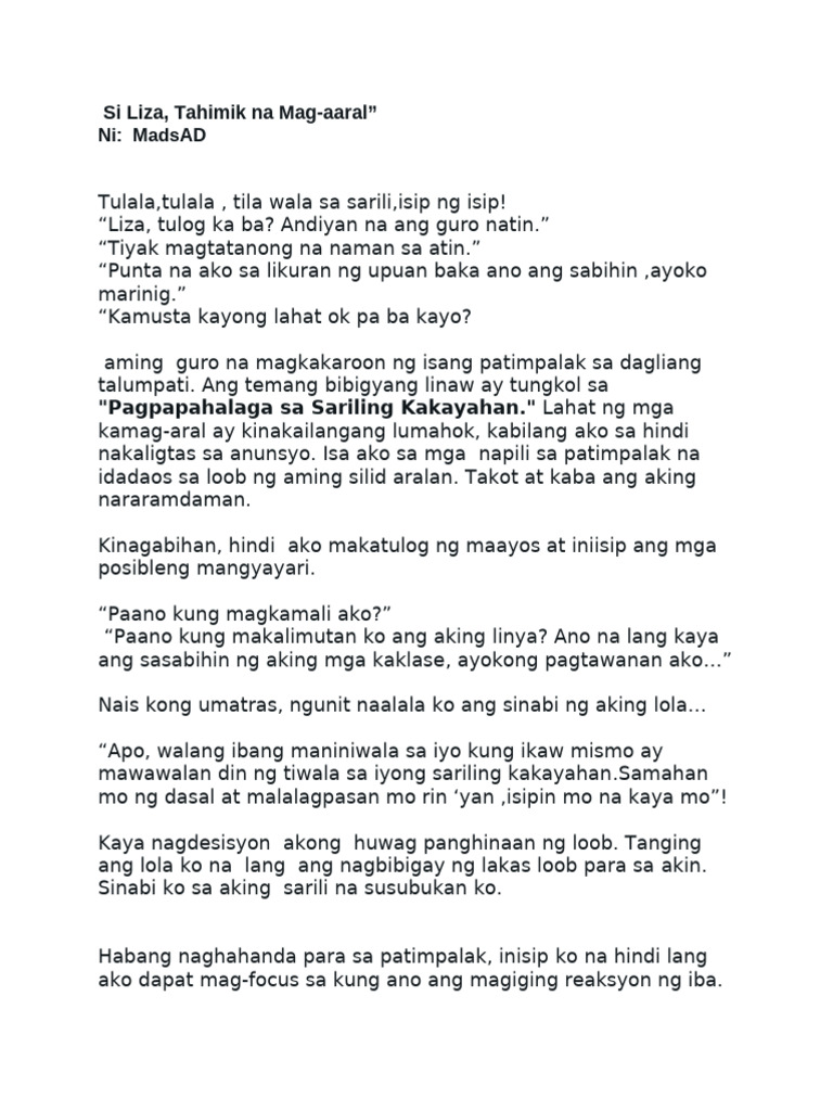 Si Liza, Isang Tahimik Na Mag-Aaral | PDF