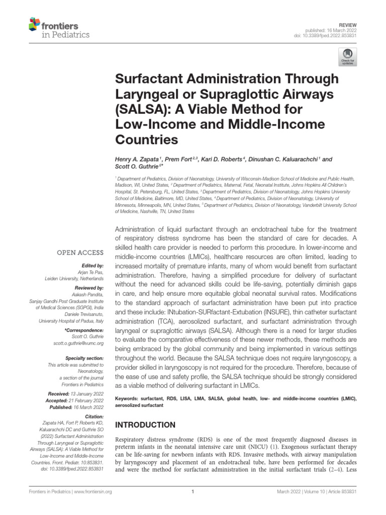 Surfactant Delivery via SALSA in LMICs | PDF | Neonatology | Neonatal ...