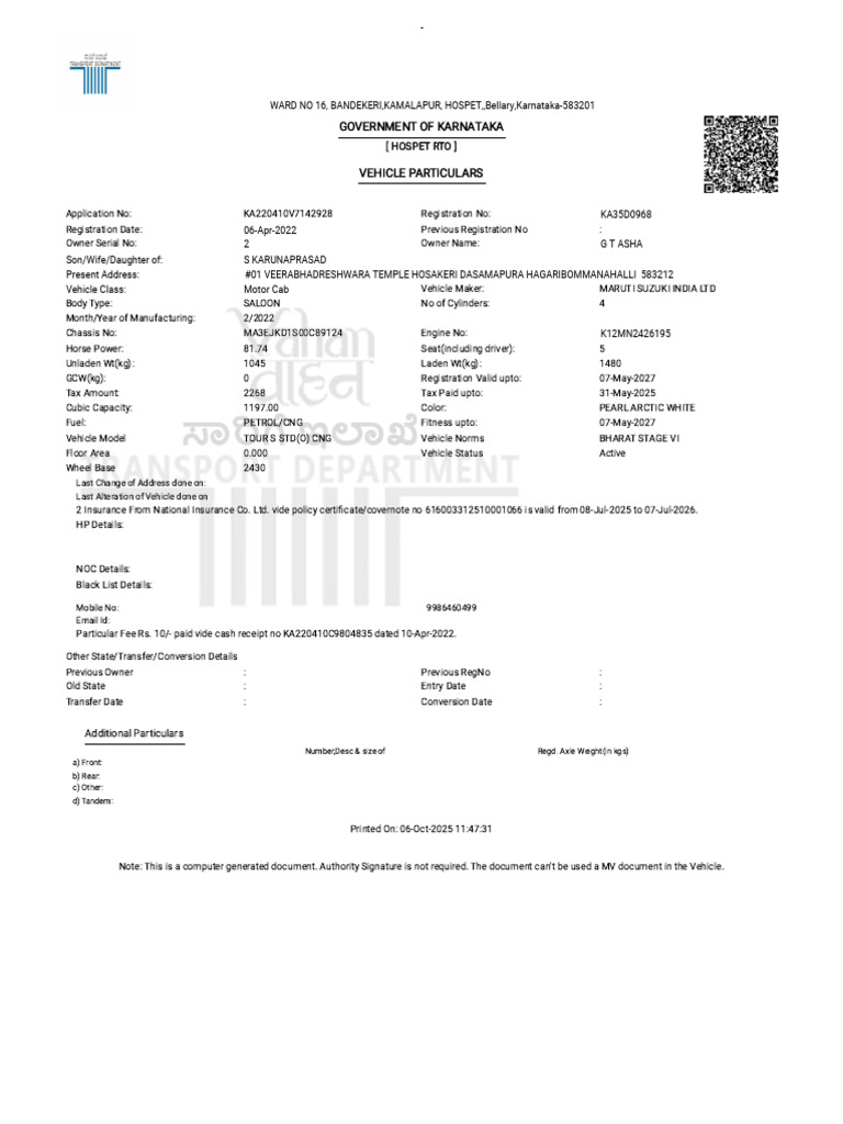 Maruti Suzuki Tour S CNG Vehicle Details | PDF | Wheeled Vehicles ...