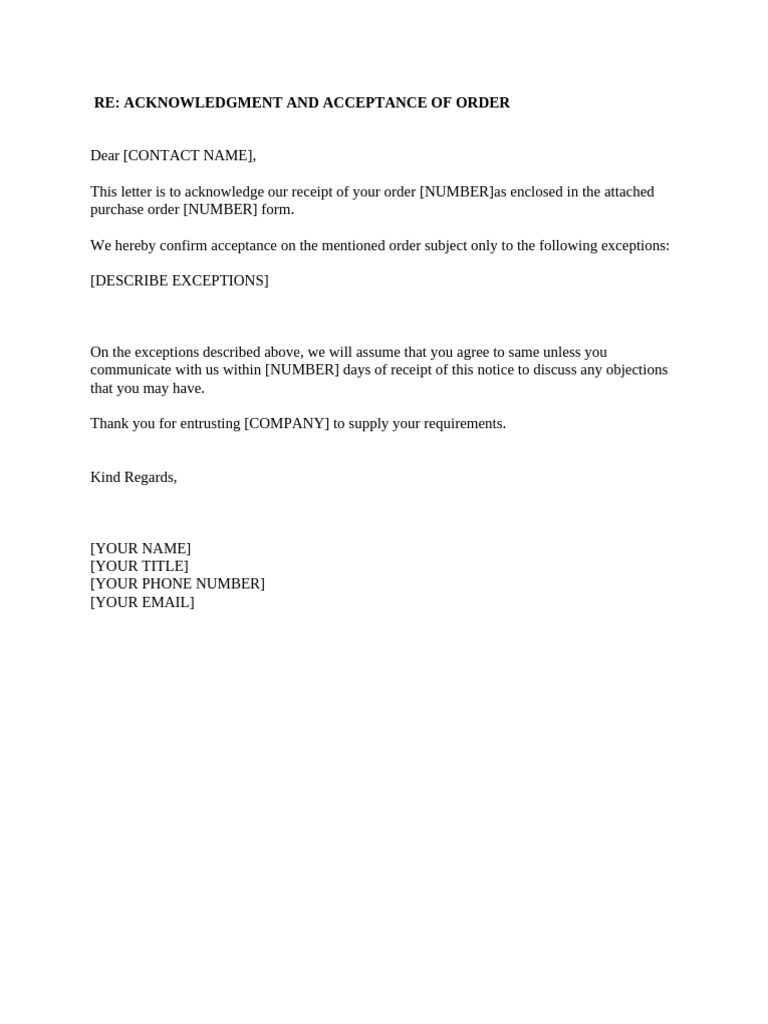 Acknowledgment and Acceptance of Order | PDF