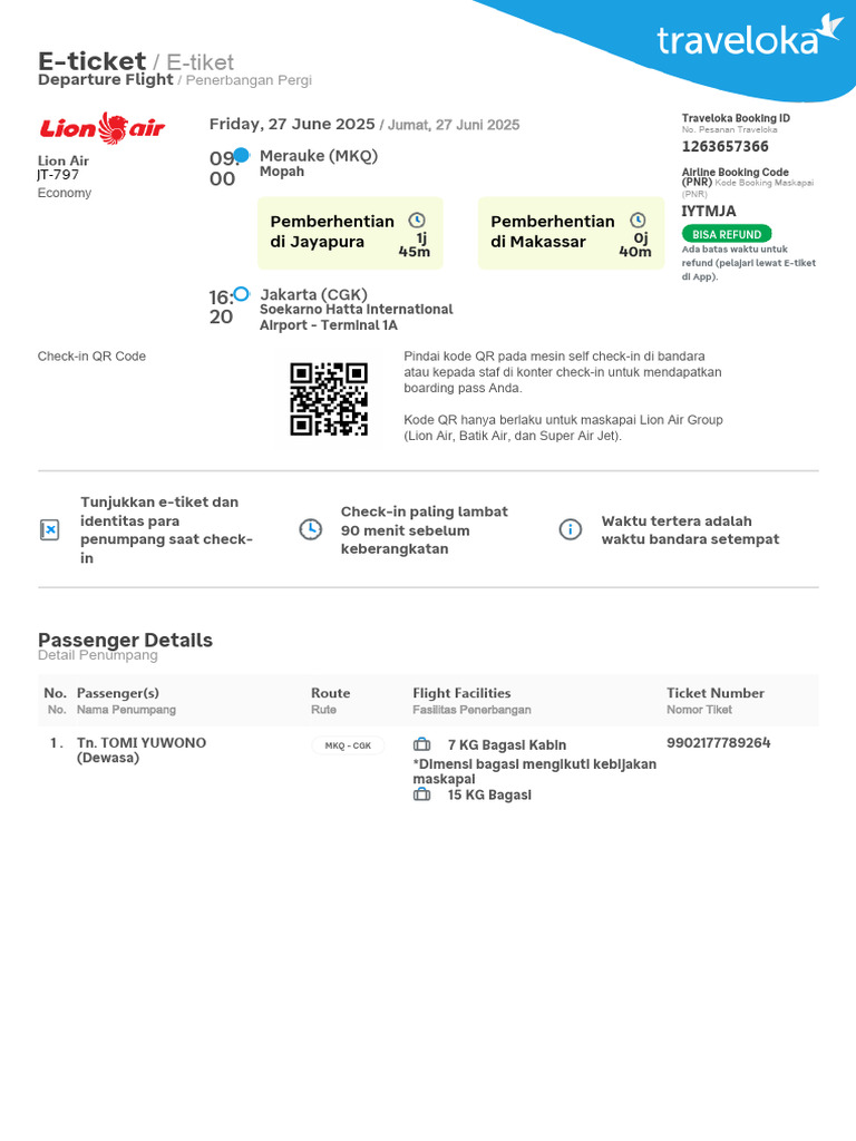 Flight#1 Tomi Yuwono Mkq Iytmja Cgk Flight Originating | PDF