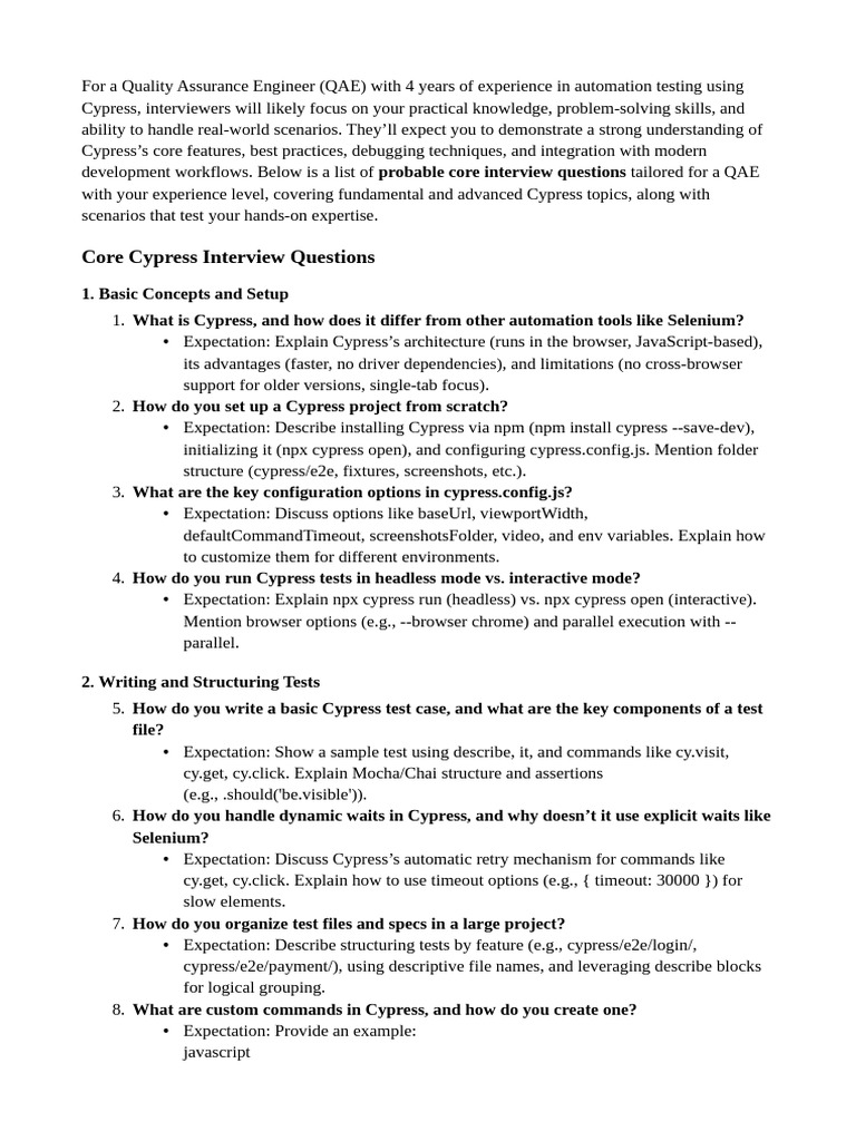 Cypress Interview Questions for QAE | PDF | Json | Java Script