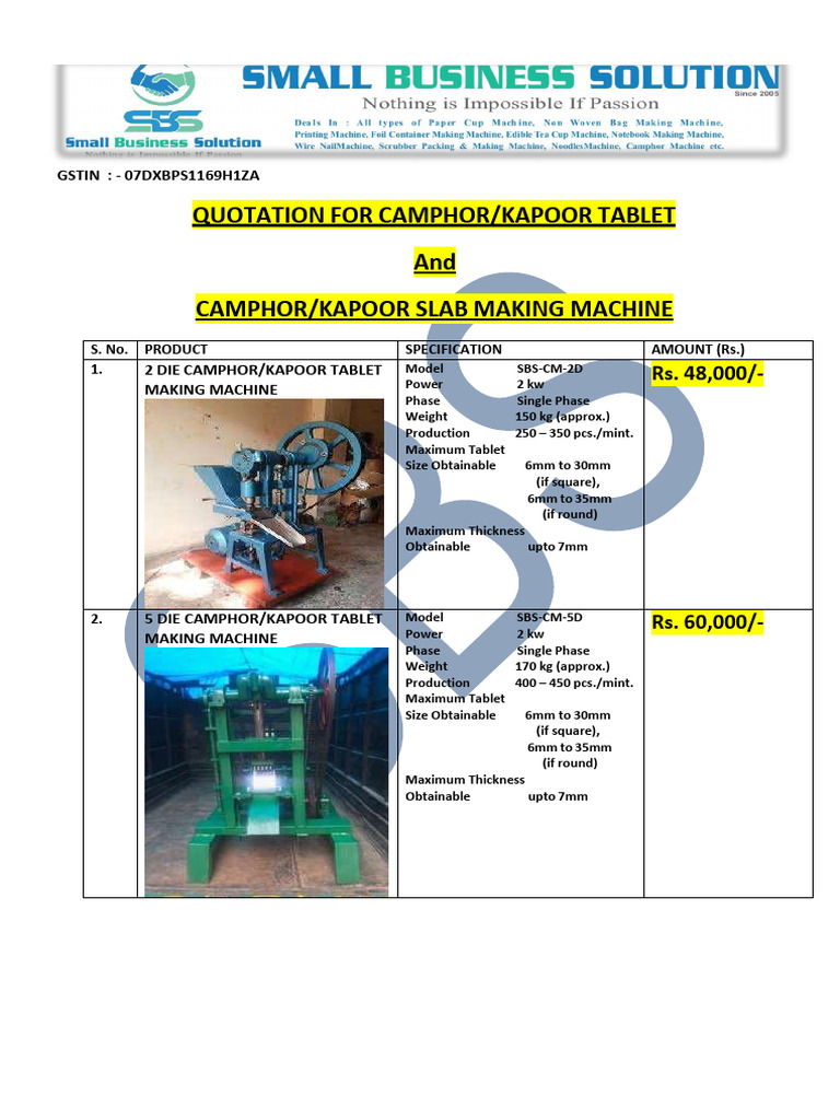 Camphor Tablet & Slab Machine Quotation | PDF | Taxes | Business