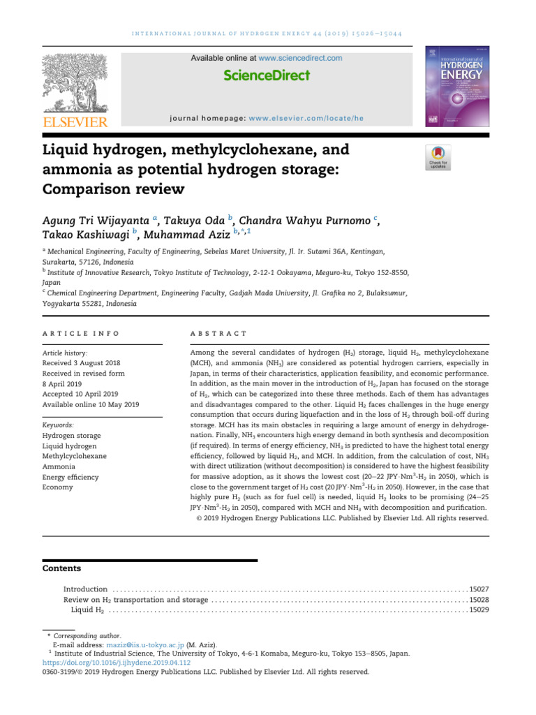 Hydrogen Storage: Liquid H2, MCH, NH3 Review | PDF | Ammonia ...
