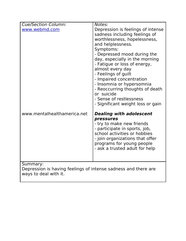 Cue/Section Column: Notes:: Dealing With Adolescent Pressures | PDF ...