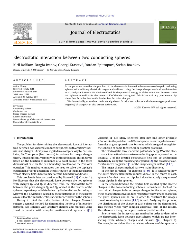 Kiril Kolikov Et Al - Electrostatic Interaction Between Two Conducting Spheres | PDF | Electric ...