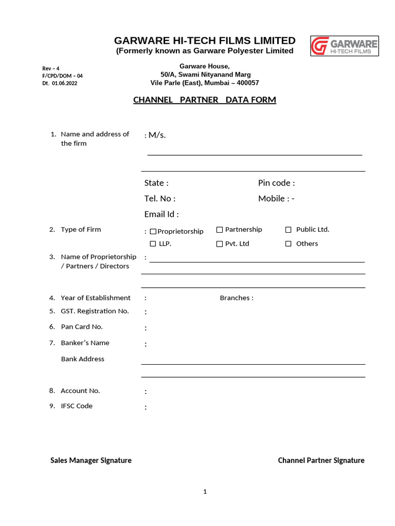 Channel Partner Data Form Template | PDF