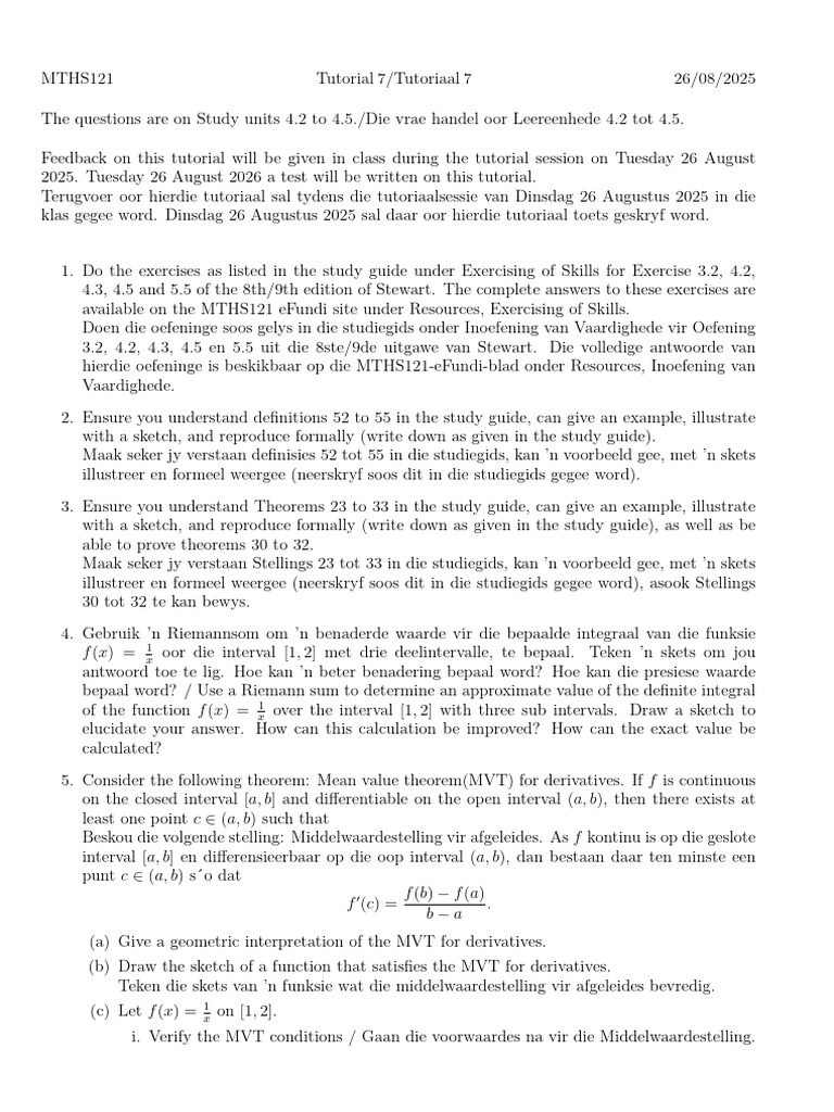 MTHS121 Tutorial 7 2025 | PDF