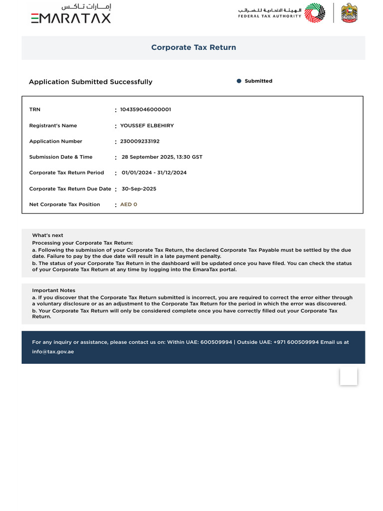 Corporate Tax Return Submission Confirmation | PDF