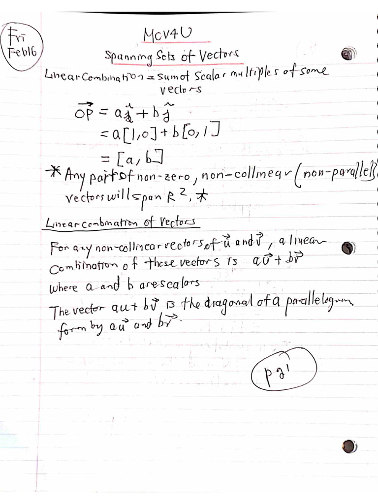 MCV4U Feb15 ClassNotes SpanningSetsOfVectors | PDF