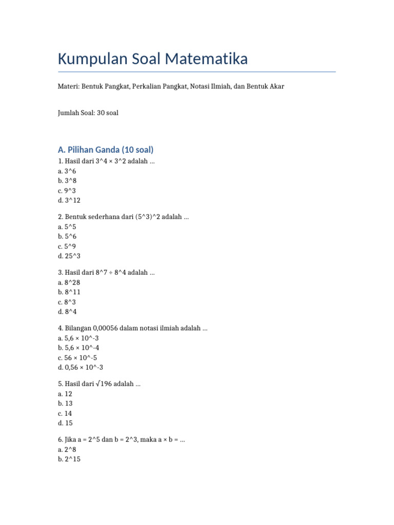 Soal Matematika Pangkat Notasi Ilmiah Akar | PDF