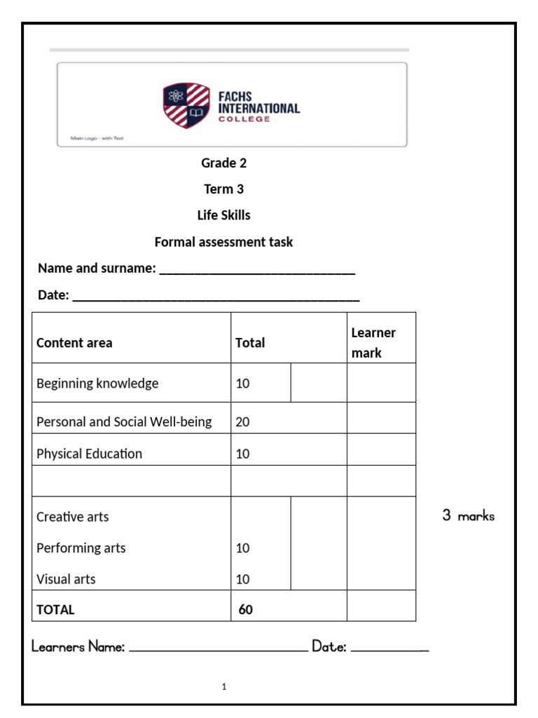 Grade 2 Term 3 Life Skills Assessment | PDF | Learning | The Arts