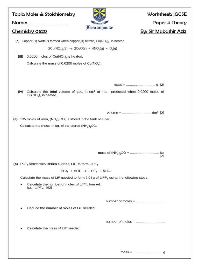 Moles & Stoichiometry Wss | PDF