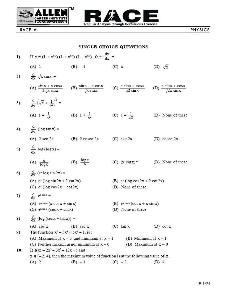 Calculus and Physics MCQs for JEE | PDF | Acceleration | Force