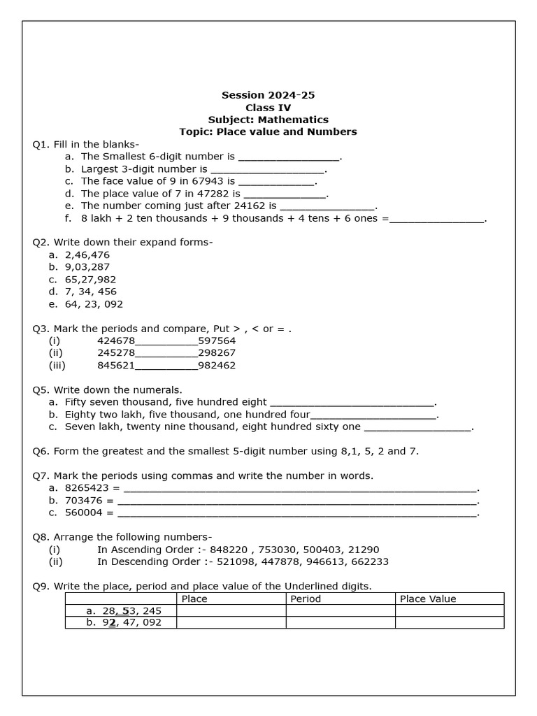 Class IV Maths Worksheet | PDF