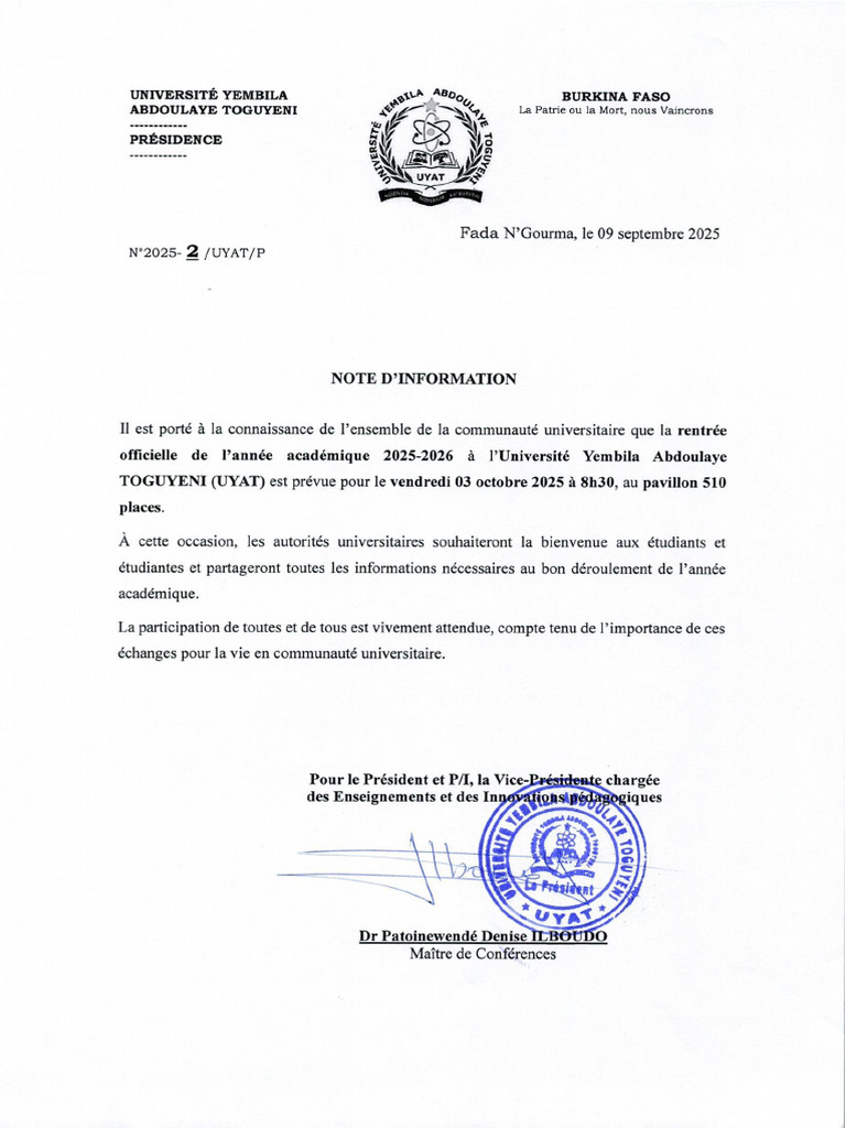 Note D'information Relative À La Rentrée Officielle de L'année ...