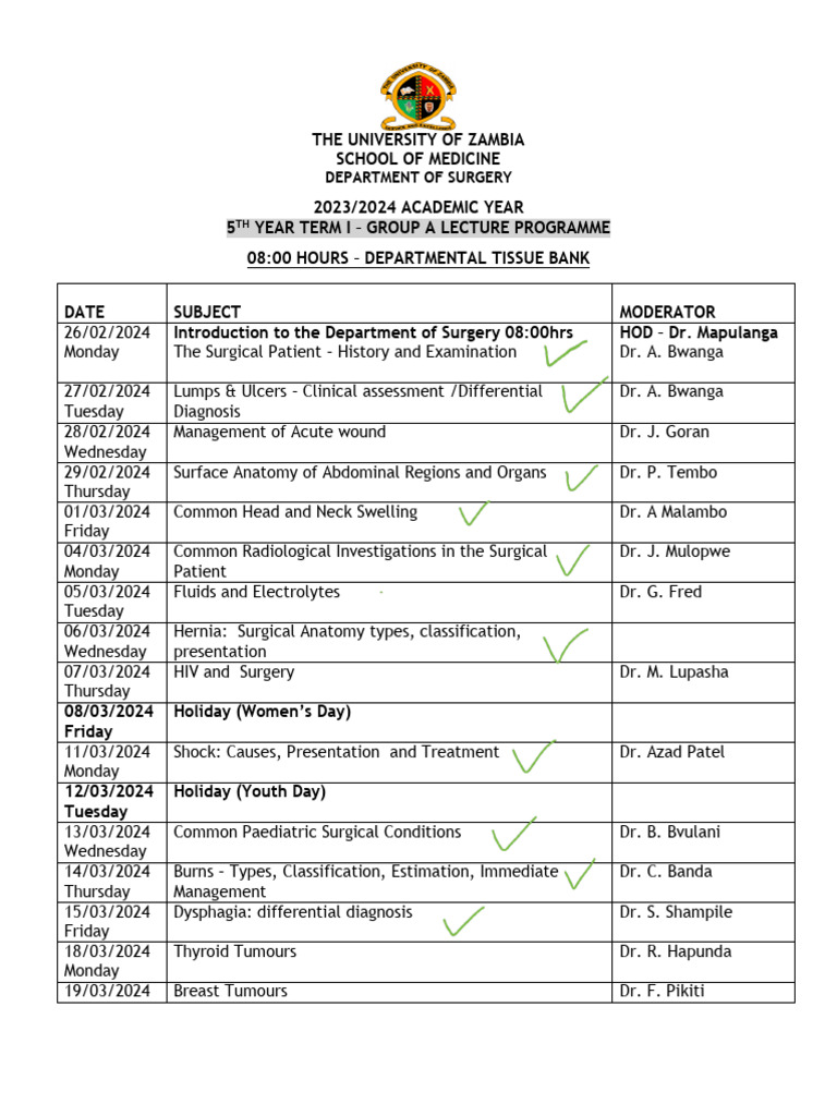 5th Year Lecturer Schedule | PDF | Surgery | Medicine