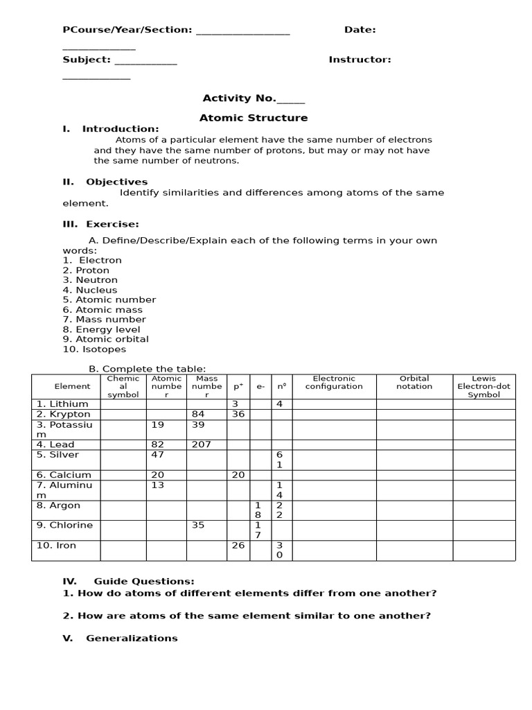 Activity 1 Atomic Structure Edited | PDF