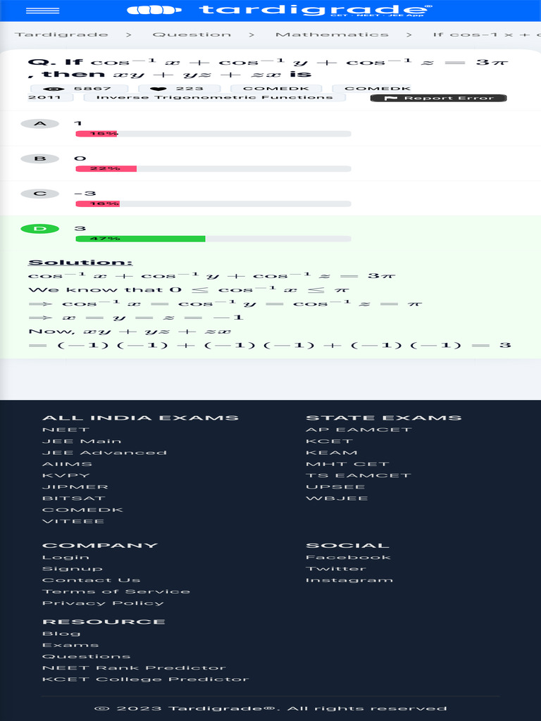 If Cos-1 x + Cos-1 y + Cos-1z = 3π , Then Xy + Yz + Zx Is | PDF