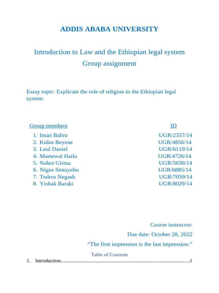 Introduction To Law and Ethiopian Legal System Assignment | PDF | Ethiopia | Constitution
