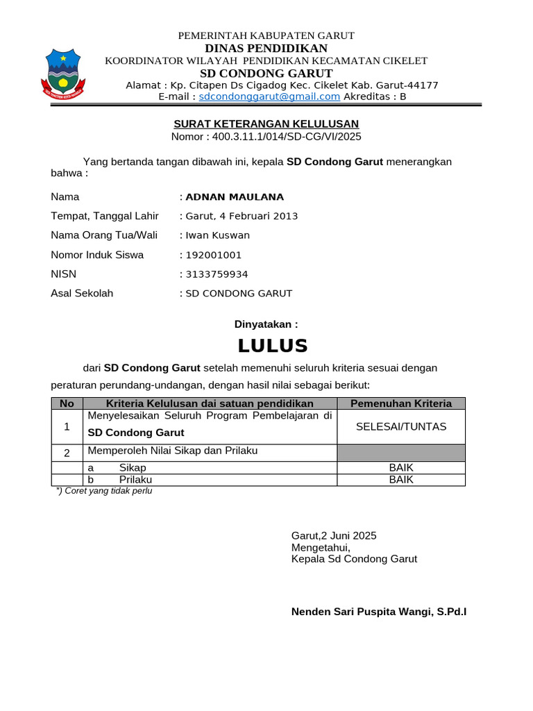 Surat Keterangan Kelulusan SD Condong | PDF