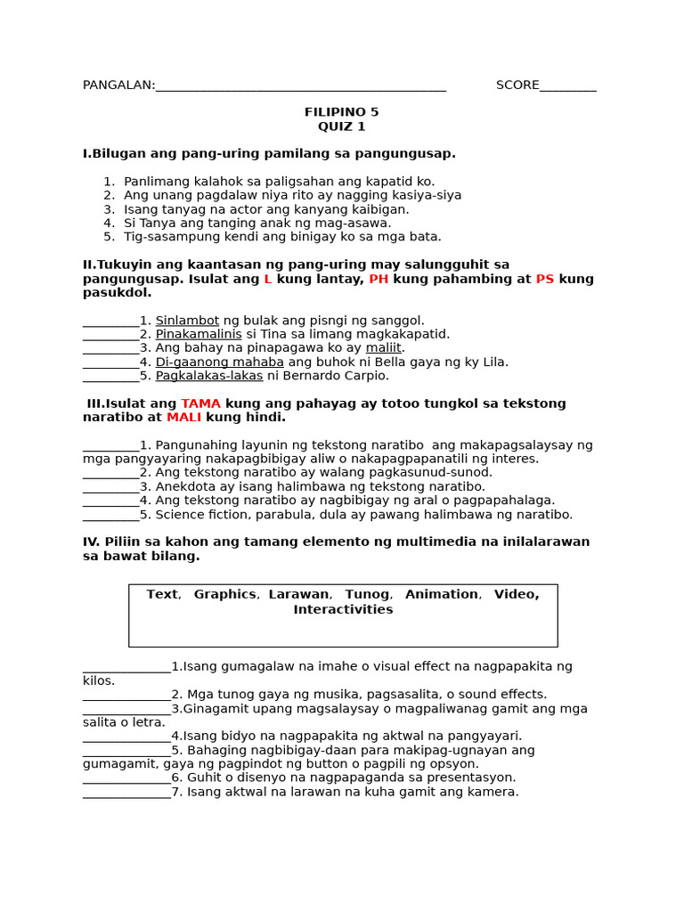 2025 Filipino & GMRC Quiz 1 | PDF