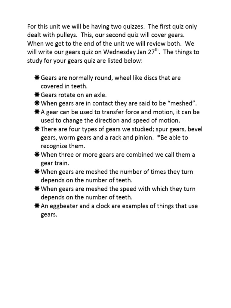 4 Science Pulleys Gears Gear Quiz Review | PDF