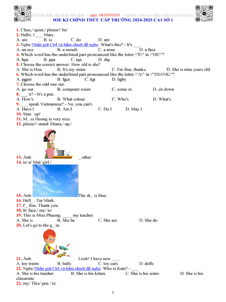 Ioe k3 Chinh Thuc Cap Truong 2024-2025 Ca1 | PDF